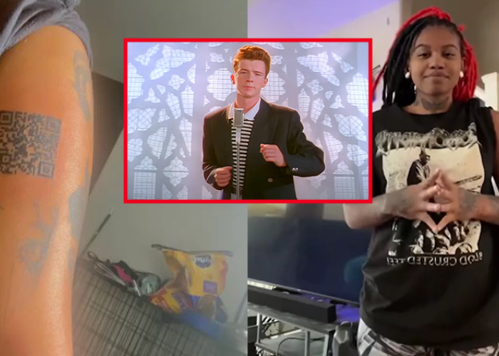 【把梗玩到极致！】女子在身上纹Rickroll QR码！scan了真的会播MV！