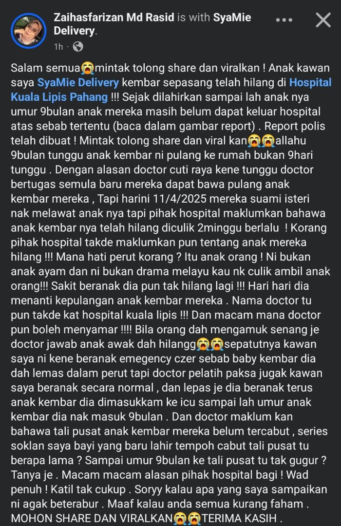 Tiada Rekod Rawatan, JKNP Nafi Bayi Kembar Hilang Dilarikan ‘Doktor Palsu’