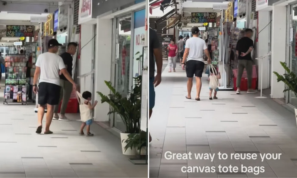'Dad hacks': Man reuses tote bag to walk child in S'pore, draws praise ...