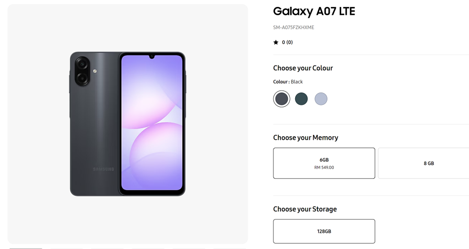 Samsung Galaxy A07 LTE Disenaraikan Di Malaysia Dengan Harga Bermula RM549