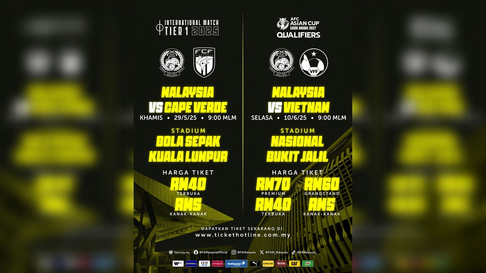 Tiket aksi Harimau Malaya lawan Cape Verde, Vietnam sudah mula dijual!