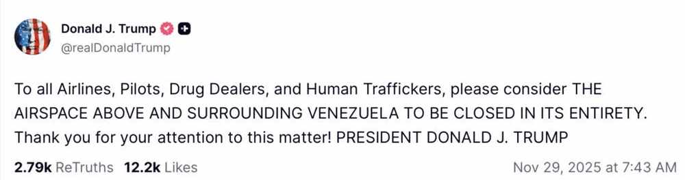 Trump Declares Airspace Above Venezuela ‘CLOSED IN ITS ENTIRETY’