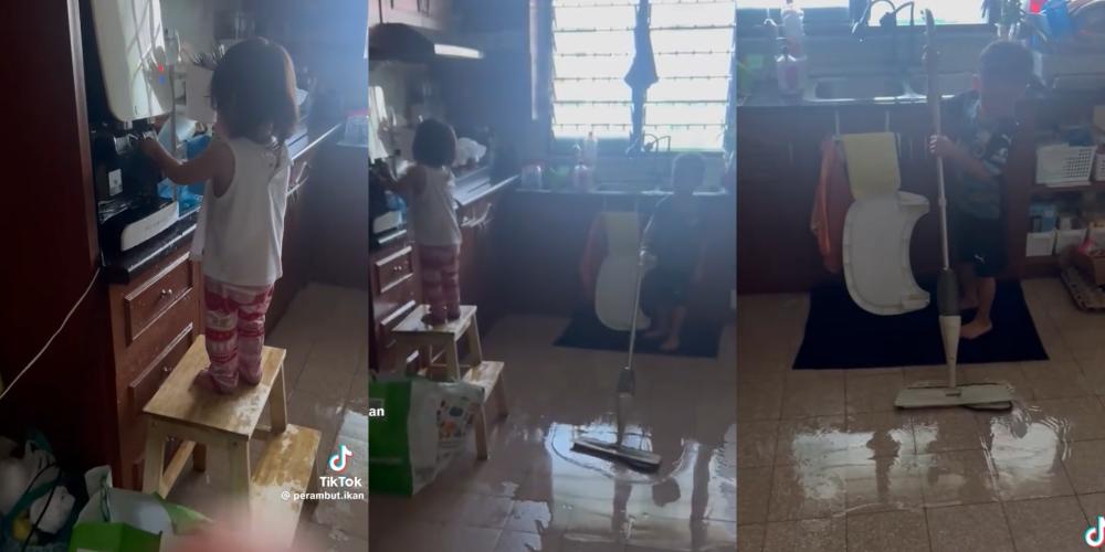 WATCH: Kitchen Chaos: Little Brother Floods The Floor, Big Brother Mops ...