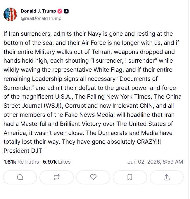 Trump says even if Iran "surrenders", Democrats and media would still ...