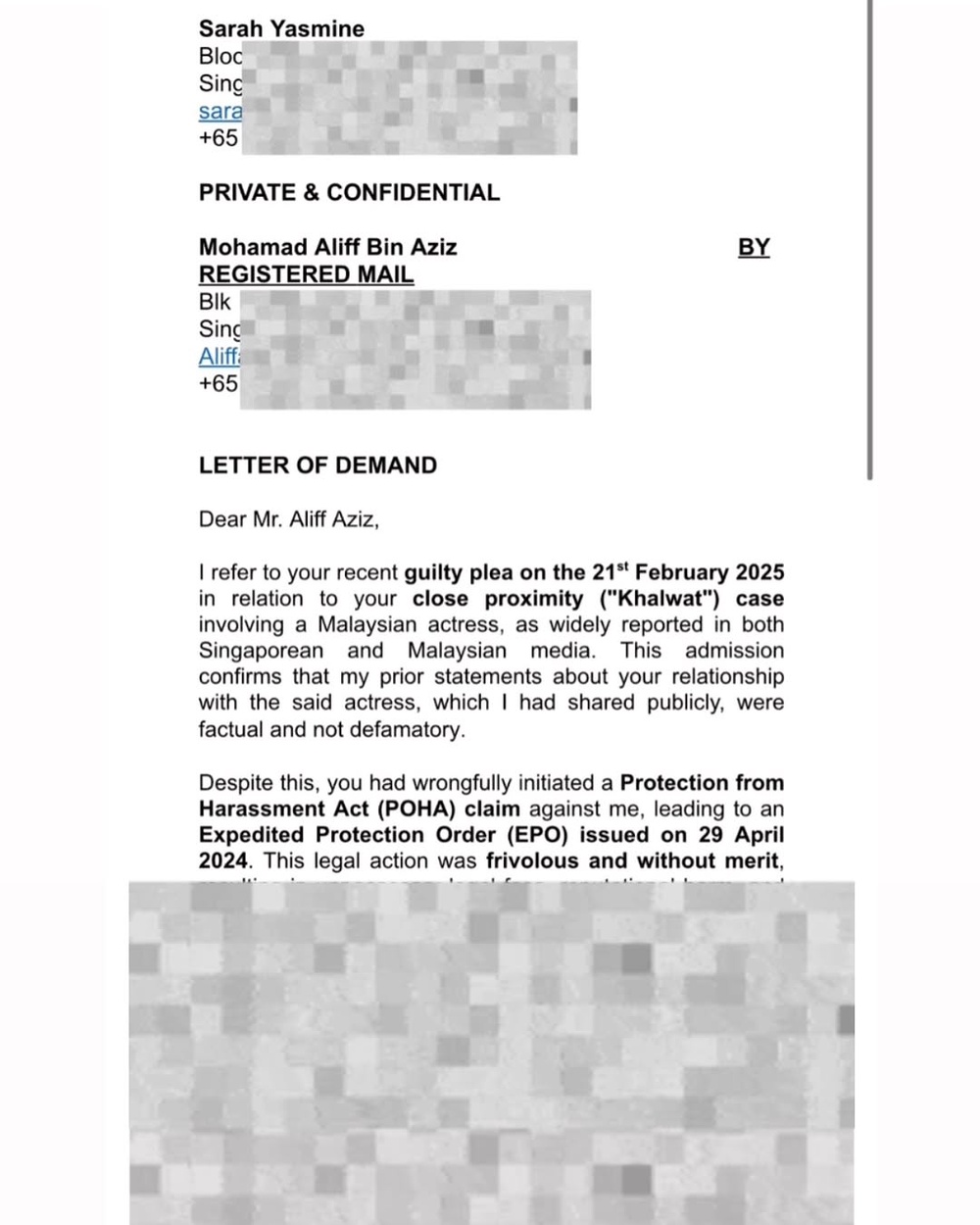 Mengaku salah berkhalwat, Sarah Yasmine tuntut ganti rugi hampir RM1 juta terhadap Aliff Aziz