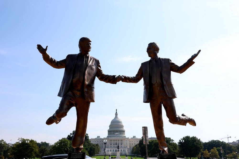 Statue of Trump holding hands with Jeffrey Epstein appears in Washington DC