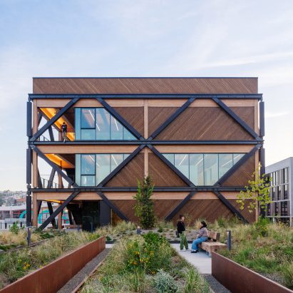 Studio Gang places mass-timber buildings around concrete terrace in ...