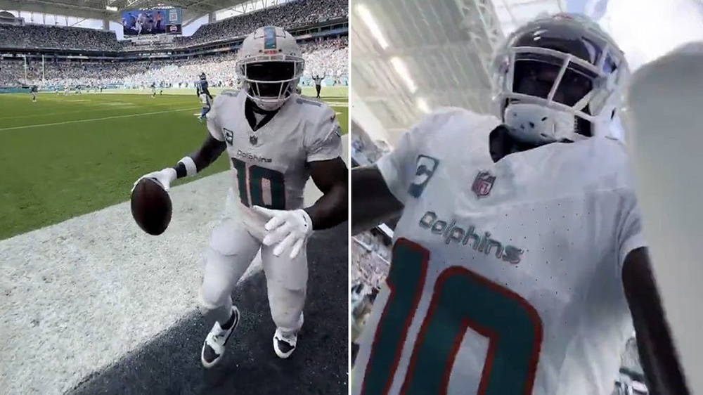 NFL star Tyreek Hill celebrates touchdown with backflip selfie