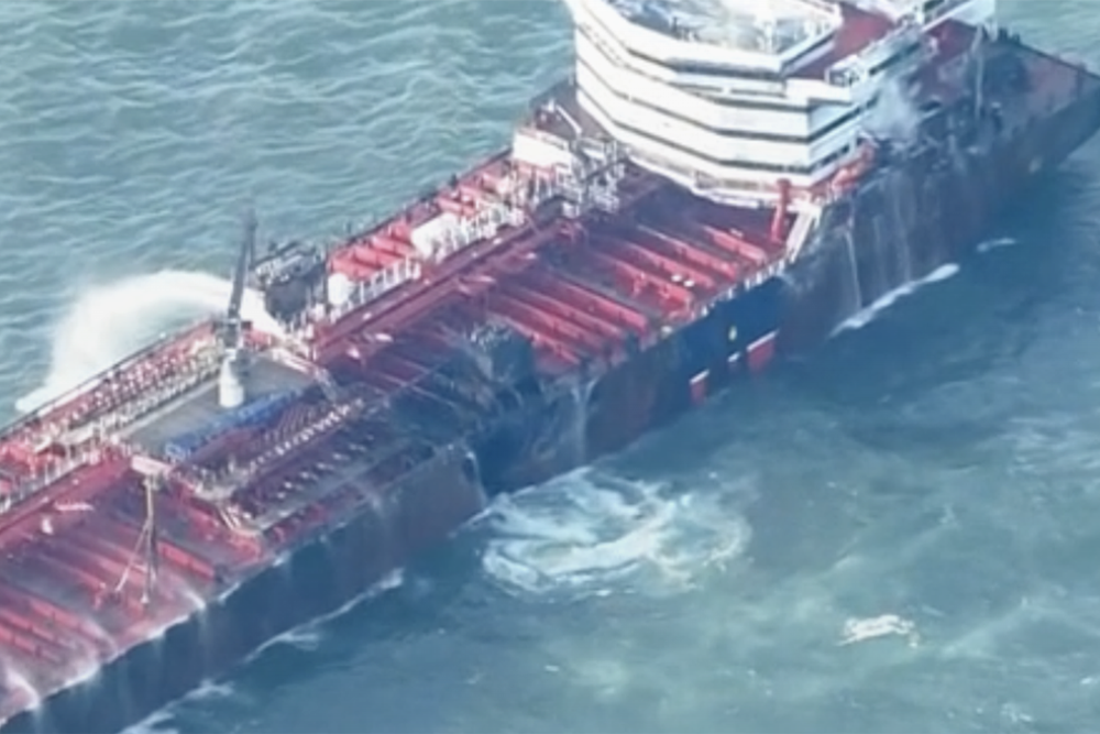North Sea oil tanker scorched after collision, aerial images reveal