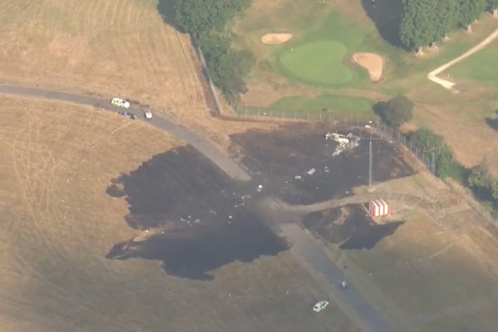 Aerial footage of Southend Airport shows wreckage at charred crash site