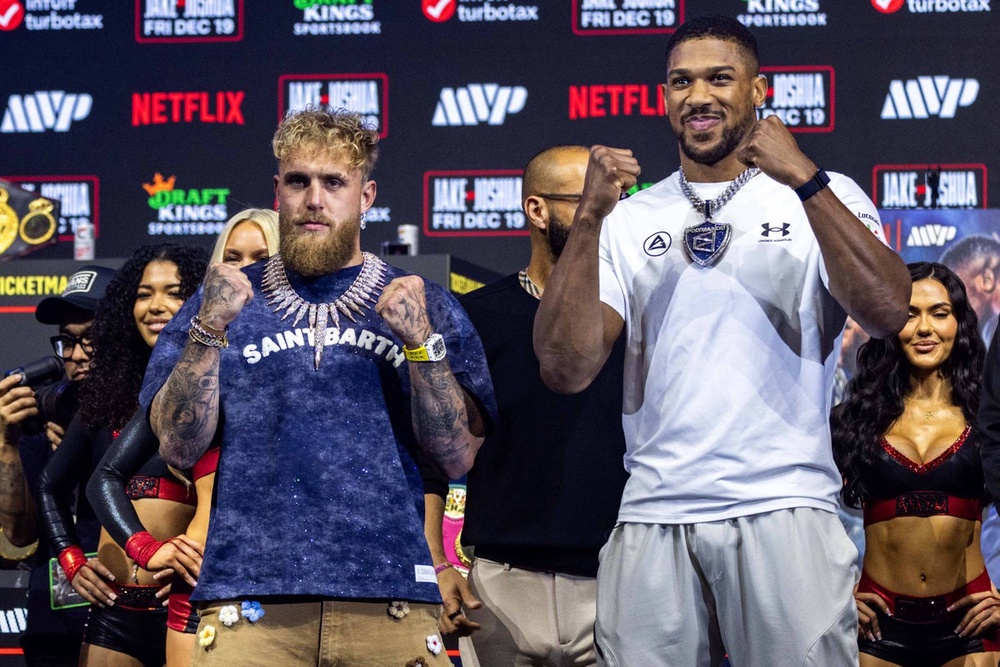 Anthony Joshua weighs in almost two stone heavier than Jake Paul for ...