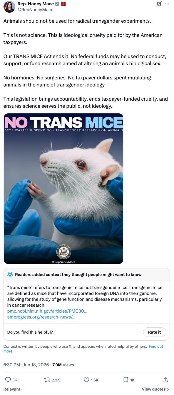 Nancy Mace mocked online after posting about ‘trans’ mice in research ...