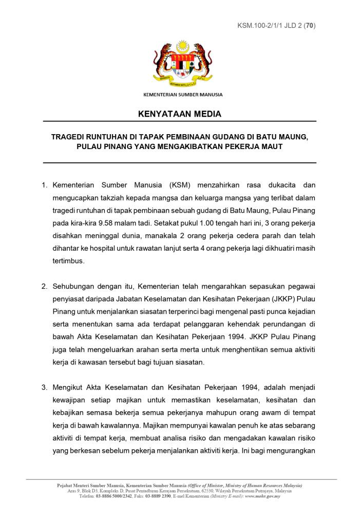 Penang warehouse collapse: DOSH issues stop work order Penang warehouse collapse: DOSH issues stop work order