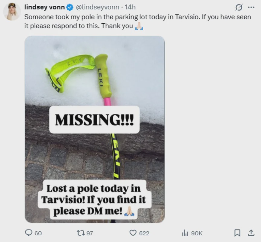 Lindsey Vonn launches social media hunt for missing ski pole