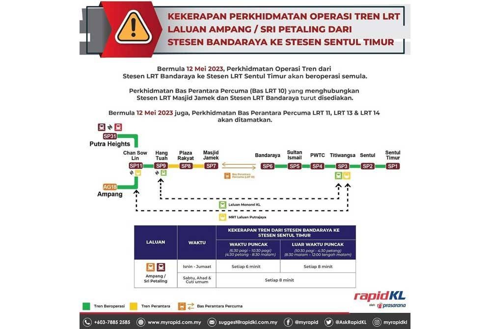 Operasi LRT Bandaraya ke Sentul Timur disambung semula esok