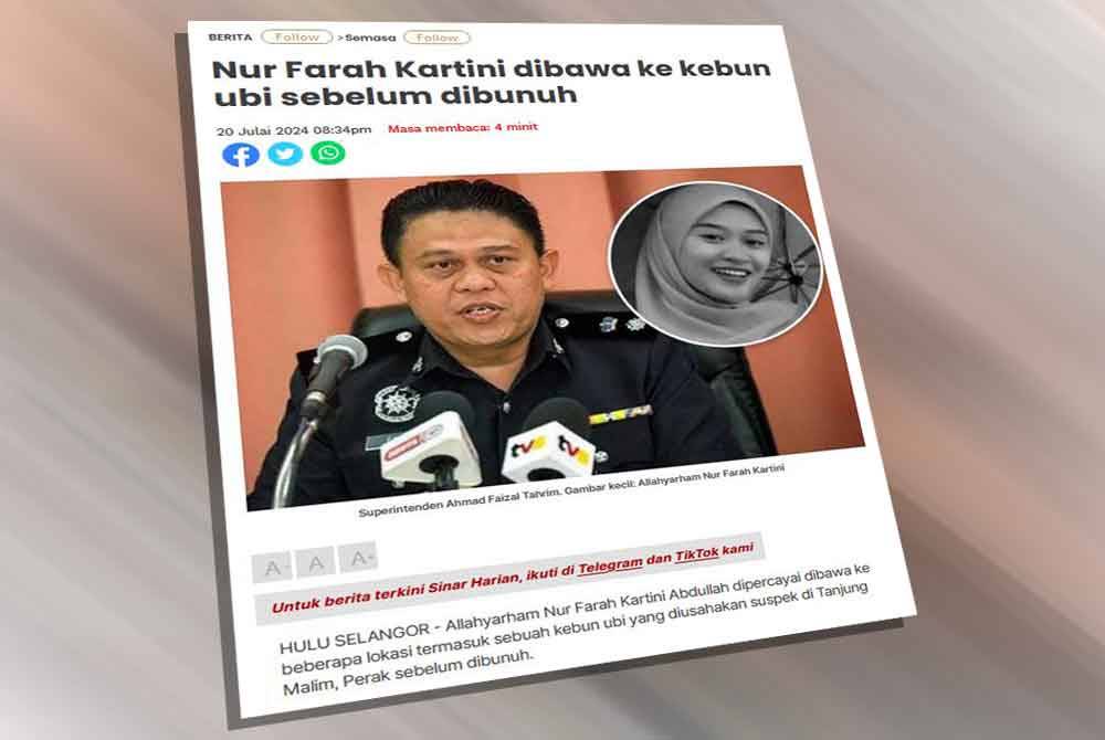 Kes bunuh Nur Farah Kartini: Polis rakam keterangan pekerja kebun