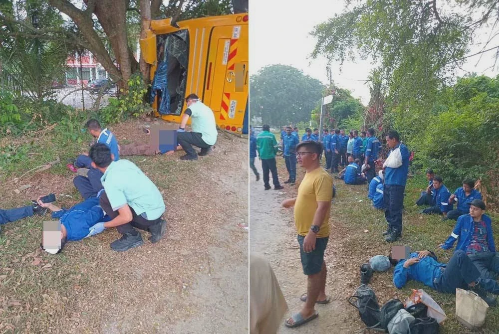 33 pekerja kilang cedera ringan, bas terbalik