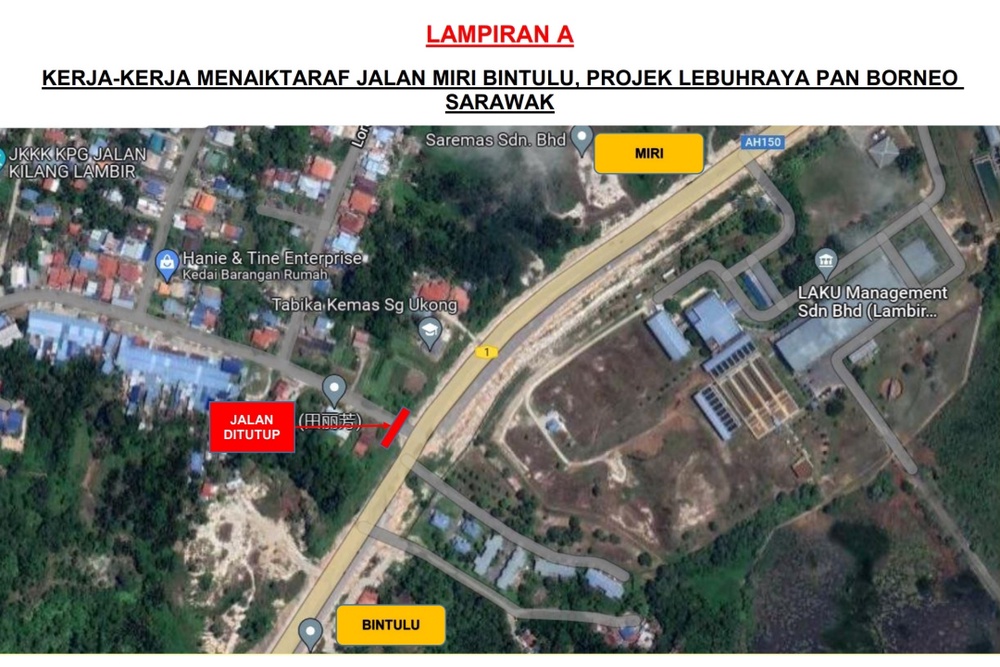 Temporary road closure at Jln Lusut-Jaya/Miri-Bintulu road T-junction ...