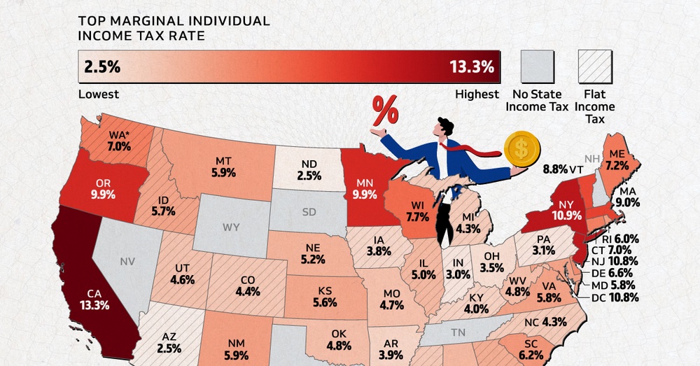 Mapped: The Highest Marginal Income Tax Rate for Each U.S. State