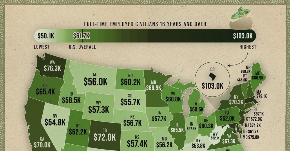 Mapped: Median Salary by U.S. State