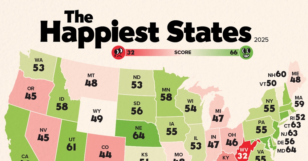 Mapped: America’s Happiest States in 2025
