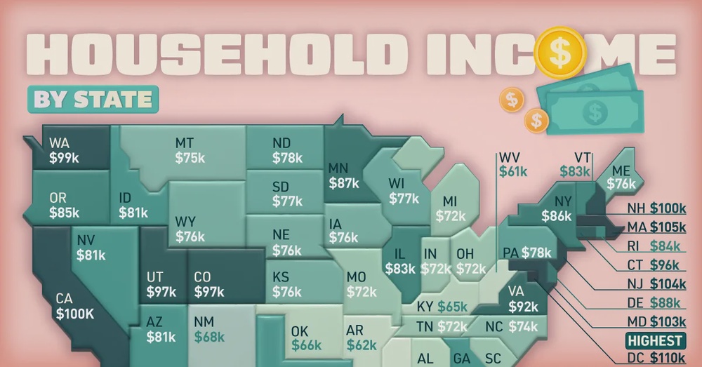 Mapped: Median Household Income by U.S. State