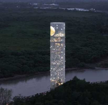 Observation tower in China topped with moon-shaped viewing platform