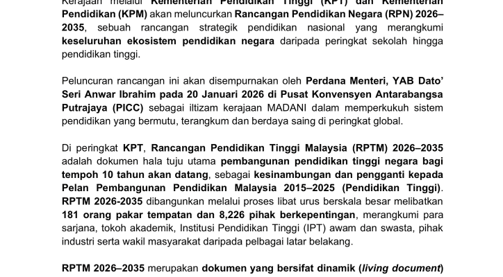 Rancangan Pendidikan Tinggi Malaysia (RPTM) 2026-2035: Intipati Utama