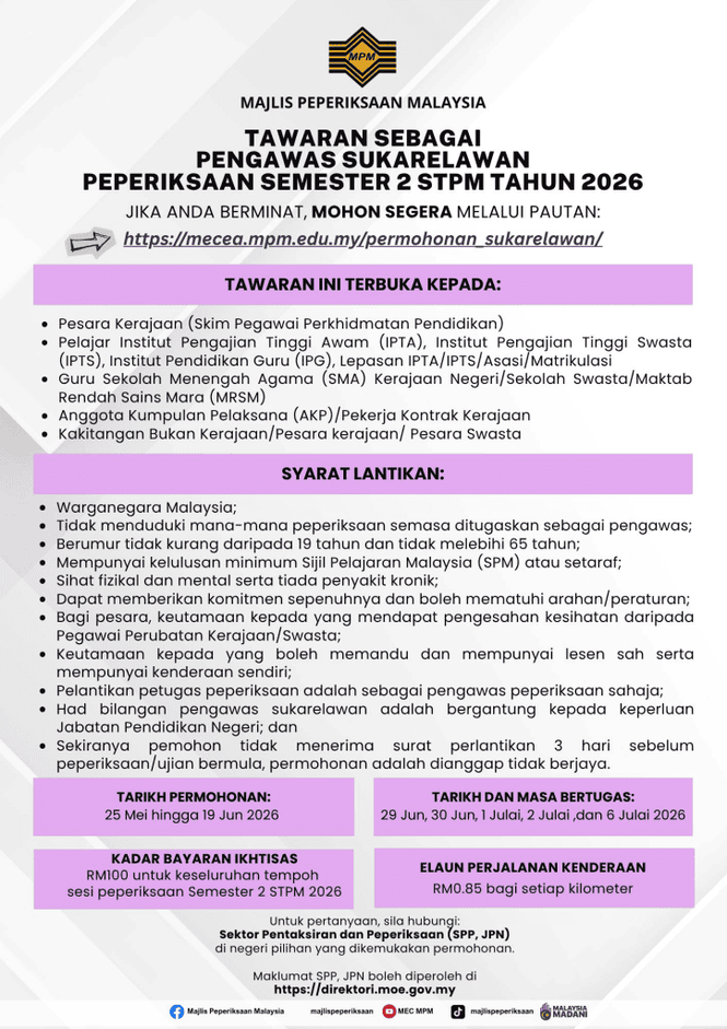 Permohonan Sukarelawan Pengawas Peperiksaan STPM (Semester 2) 2026 ...